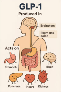 Where is GLP-1 is produced and where in the body does it act ...