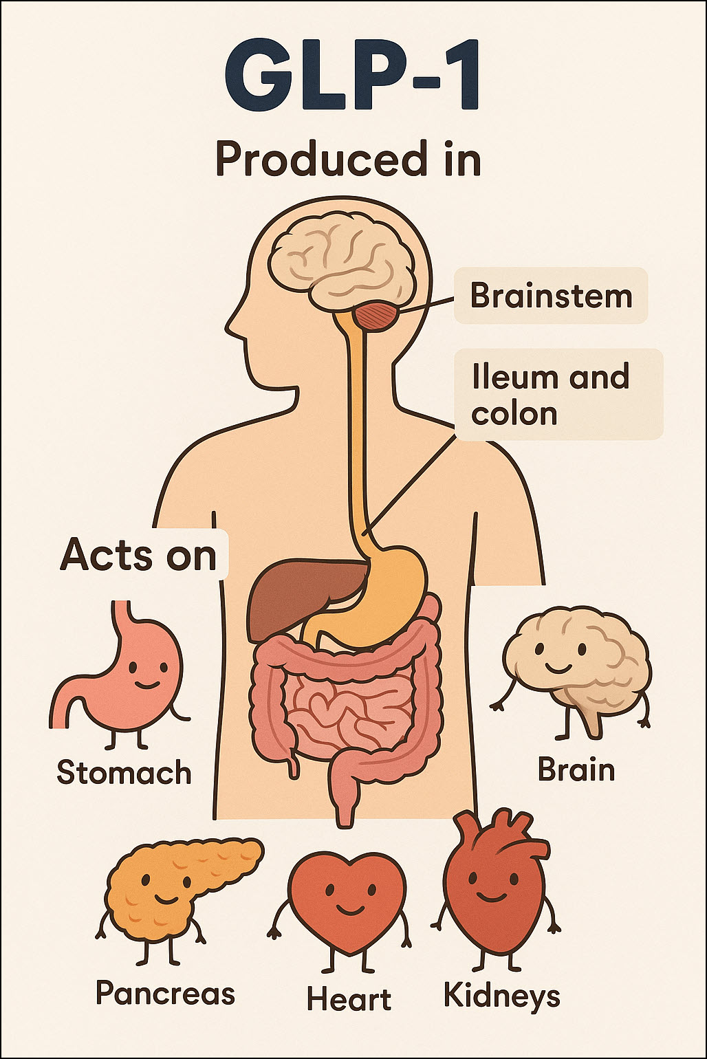Where is GLP-1 is produced and where in the body does it act ...